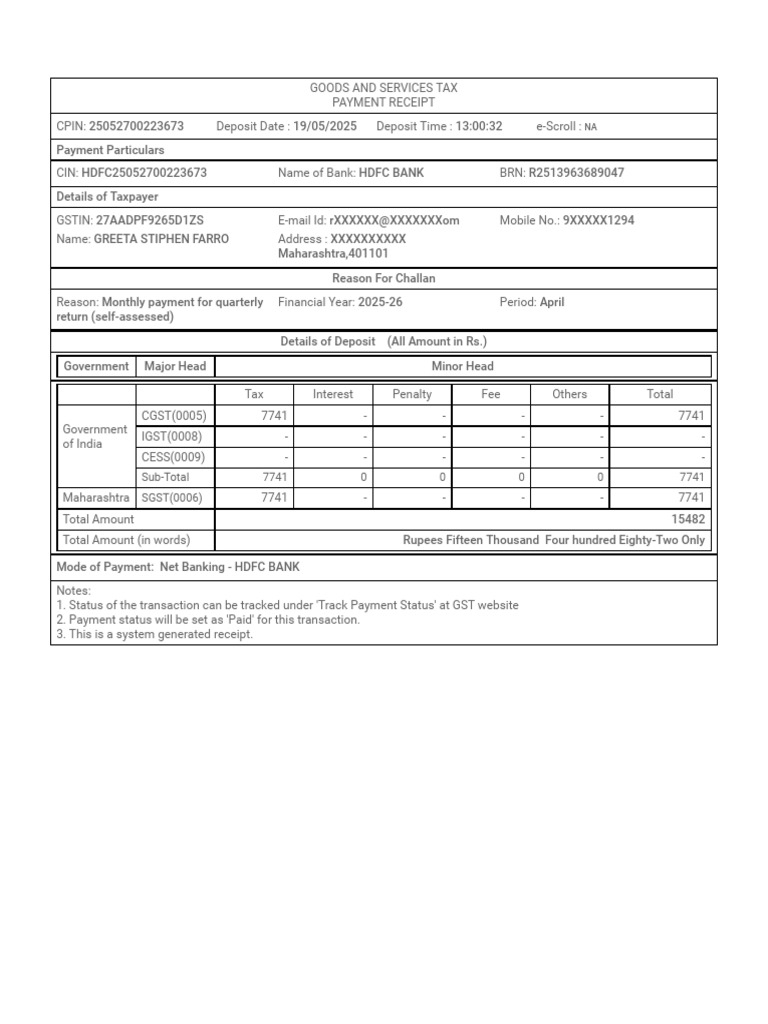 GST Payment Receipt for May 2025 | PDF