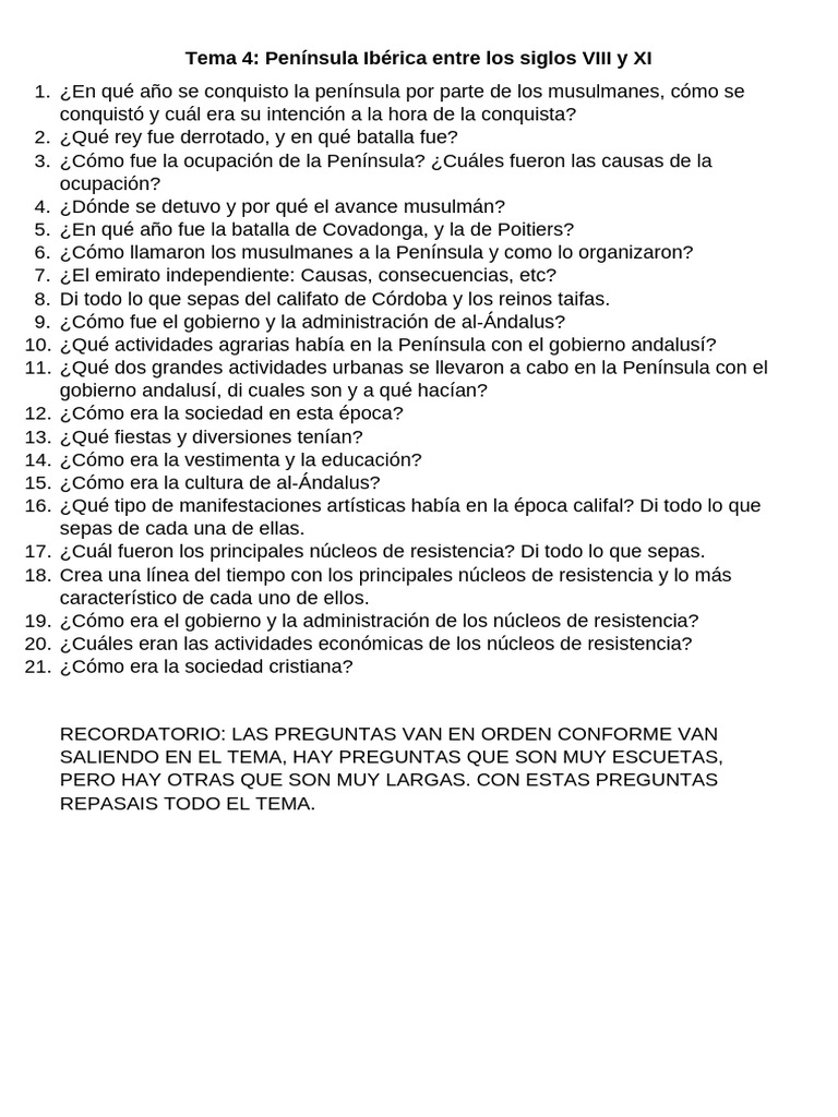 Preguntas Geografía e Historia 2 Eso. Tema 4 | PDF