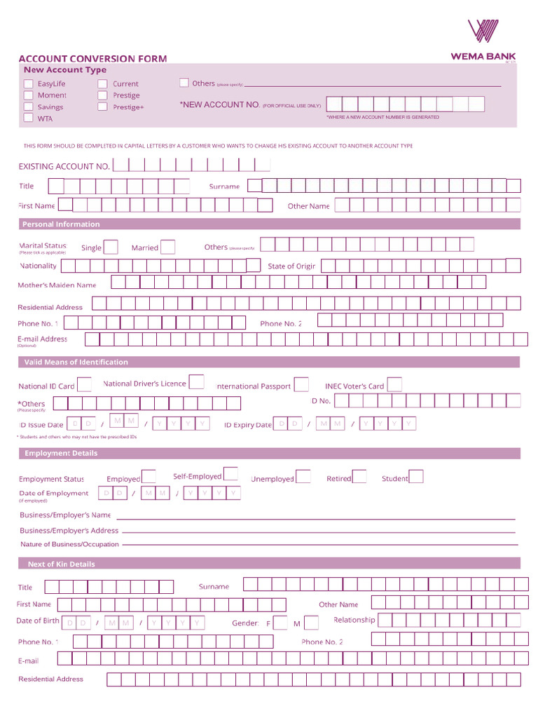 WEMA Account Upgrade or Conversion Form | PDF | Identity Document | Government And Personhood