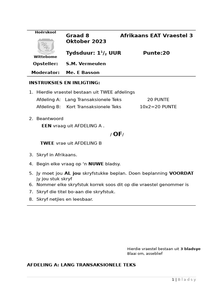 Afrikaans - Gr8 - Vraestel 3 - Oktober 2023 | PDF