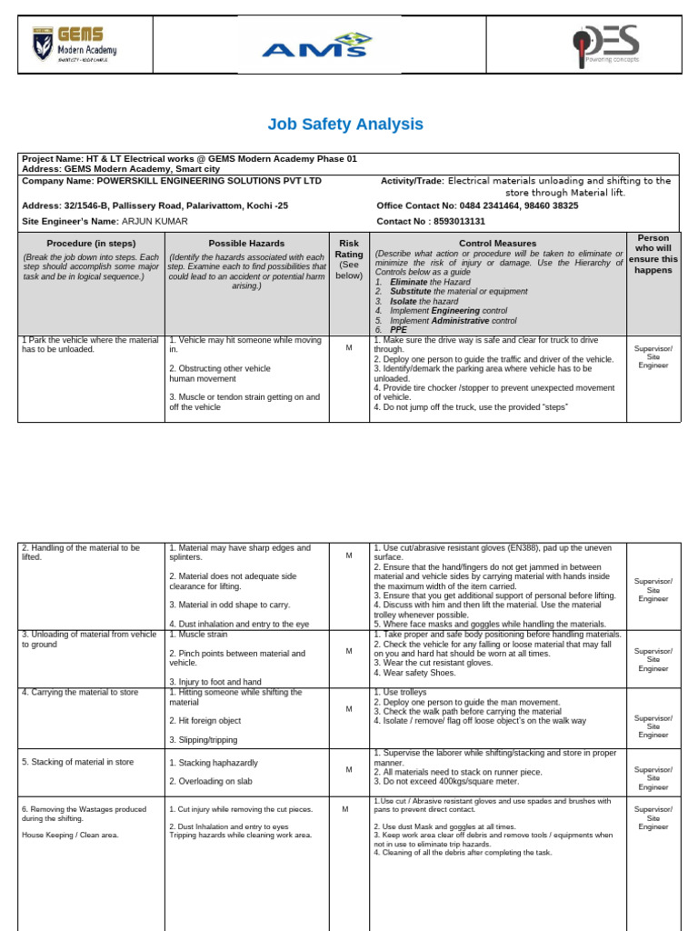 JSA - Powerskill - 03 - Electrical Materials Unloading and Shifting To ...