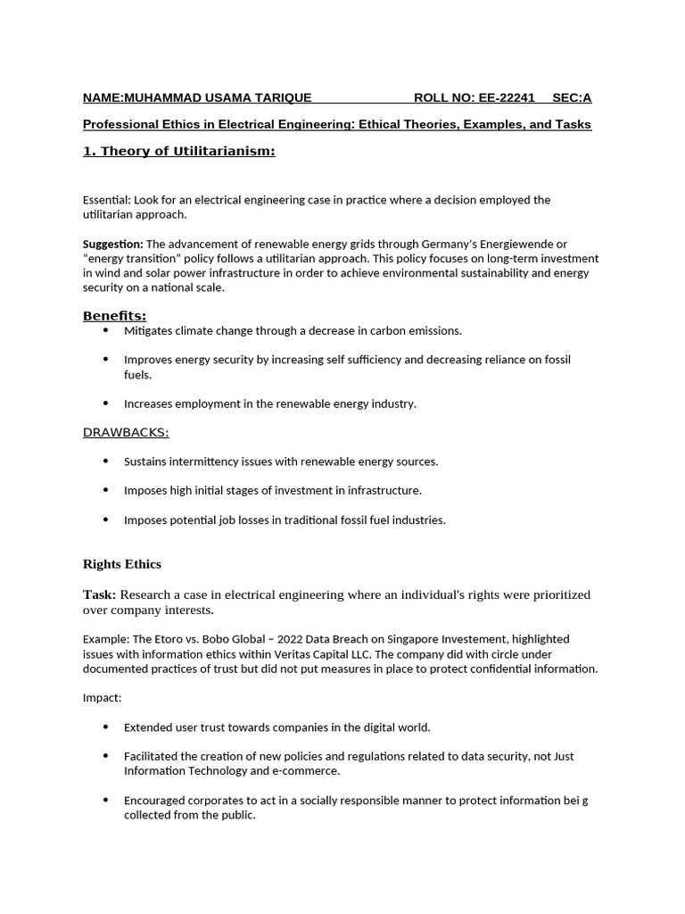 Ethical Theories Tasks in Electrical Engineering EE-22241 | PDF ...