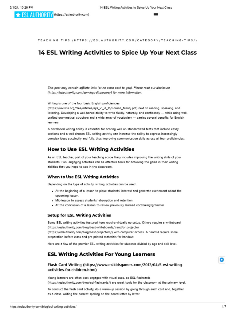 14 ESL Writing Activities To Spice Up Your Next Class | PDF | English ...