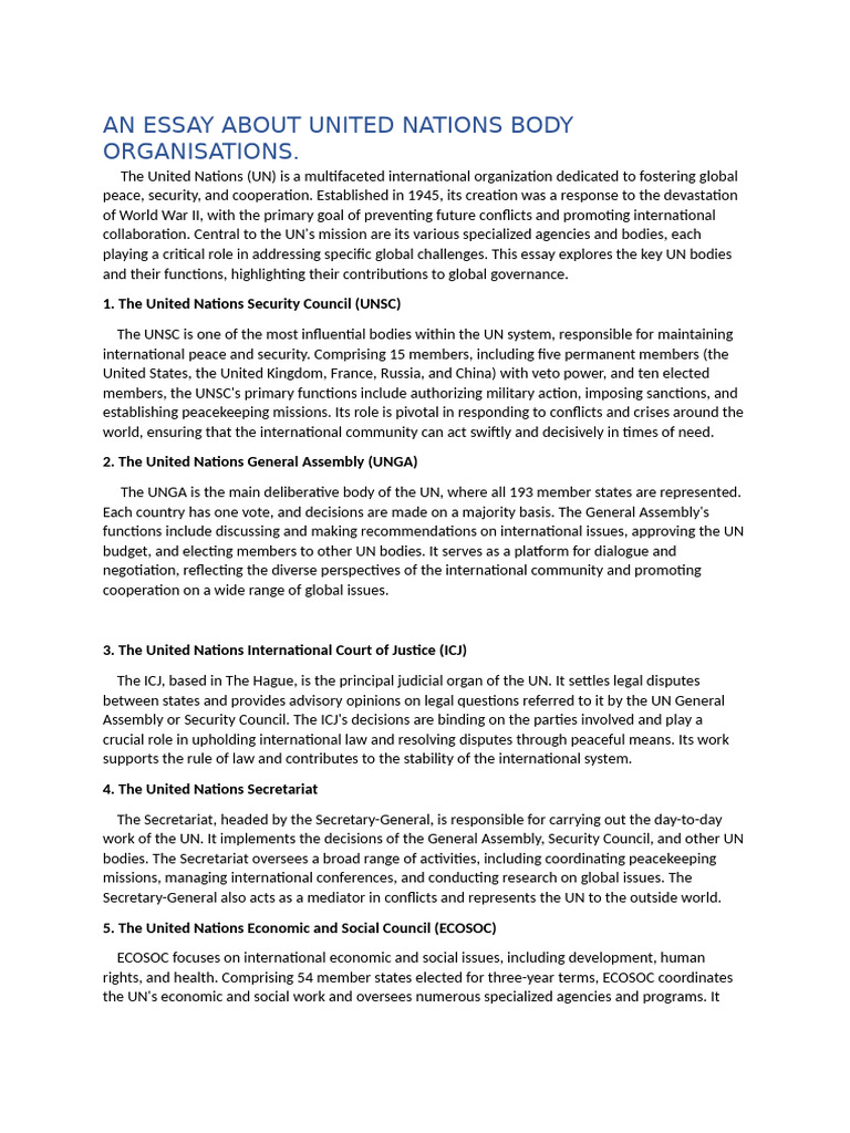 An Essay About United Nations Body Organisations | PDF | United Nations ...