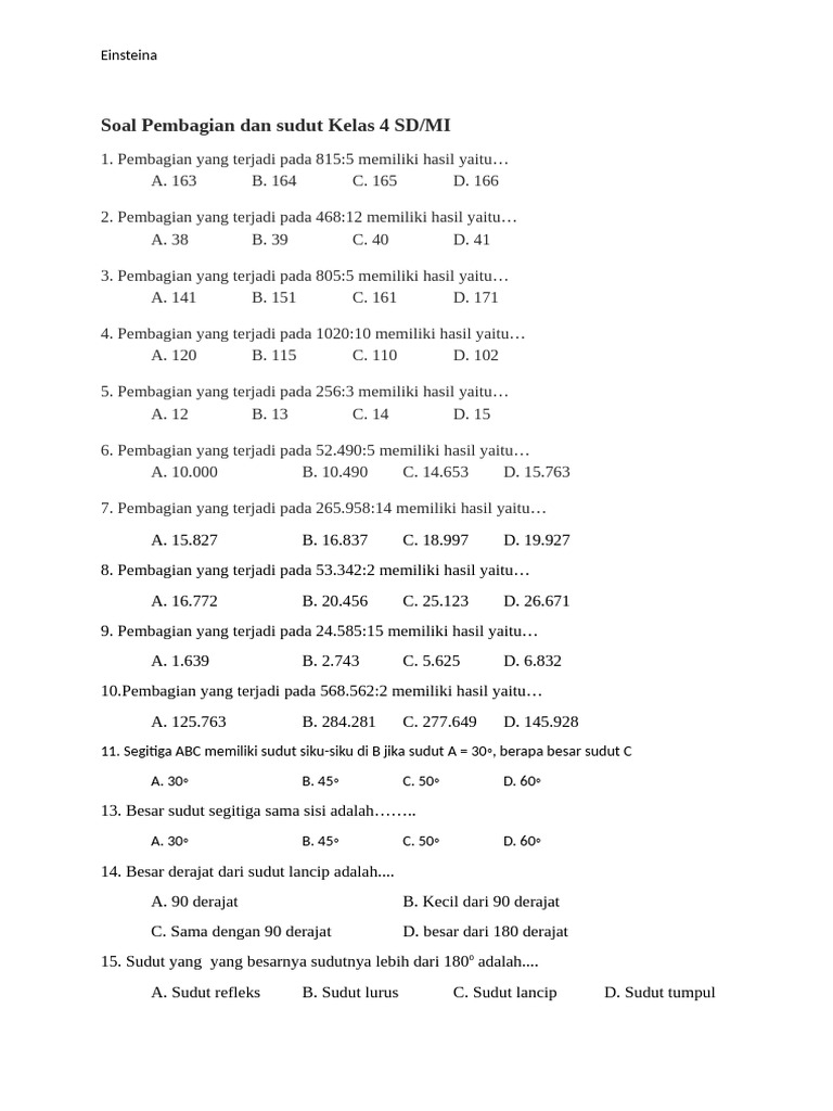 Soal Pembagian Dan Sudut Kelas 4 SD | PDF