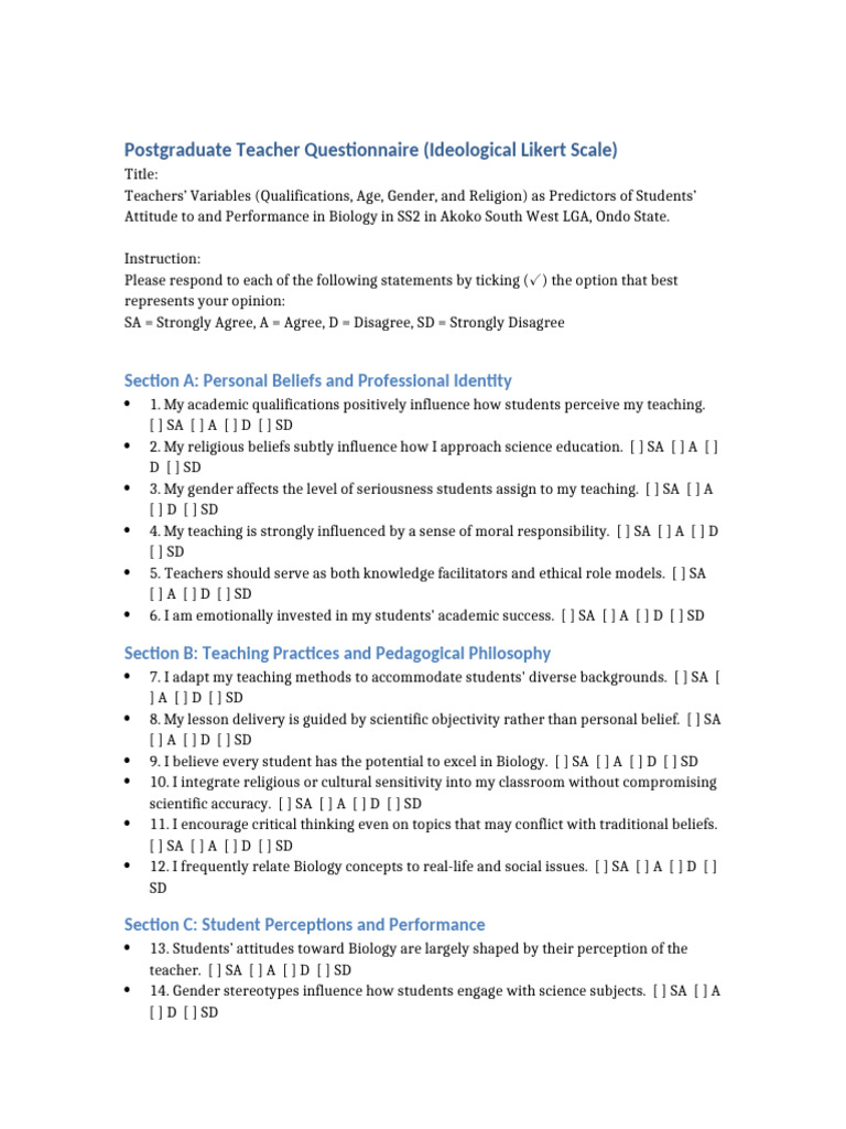 Ideological Postgraduate Teacher Questionnaire | PDF | Teachers | Science