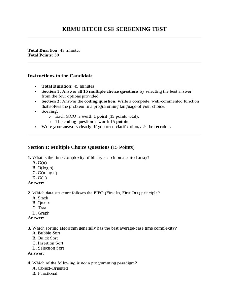 Interview Ques For Cse Faculty Pdf Class Computer Programming Time Complexity