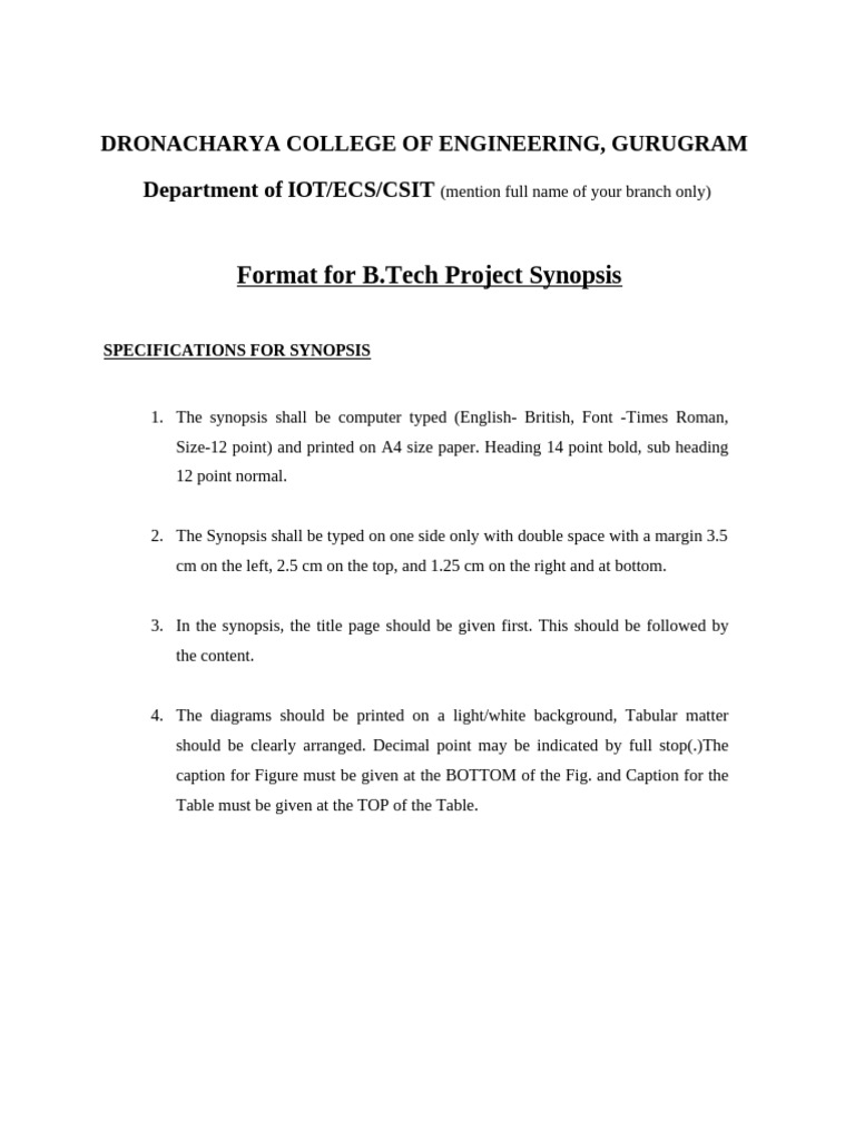 Format For B.Tech Project Synopsis: Dronacharya College of Engineering, Gurugram Department of ...