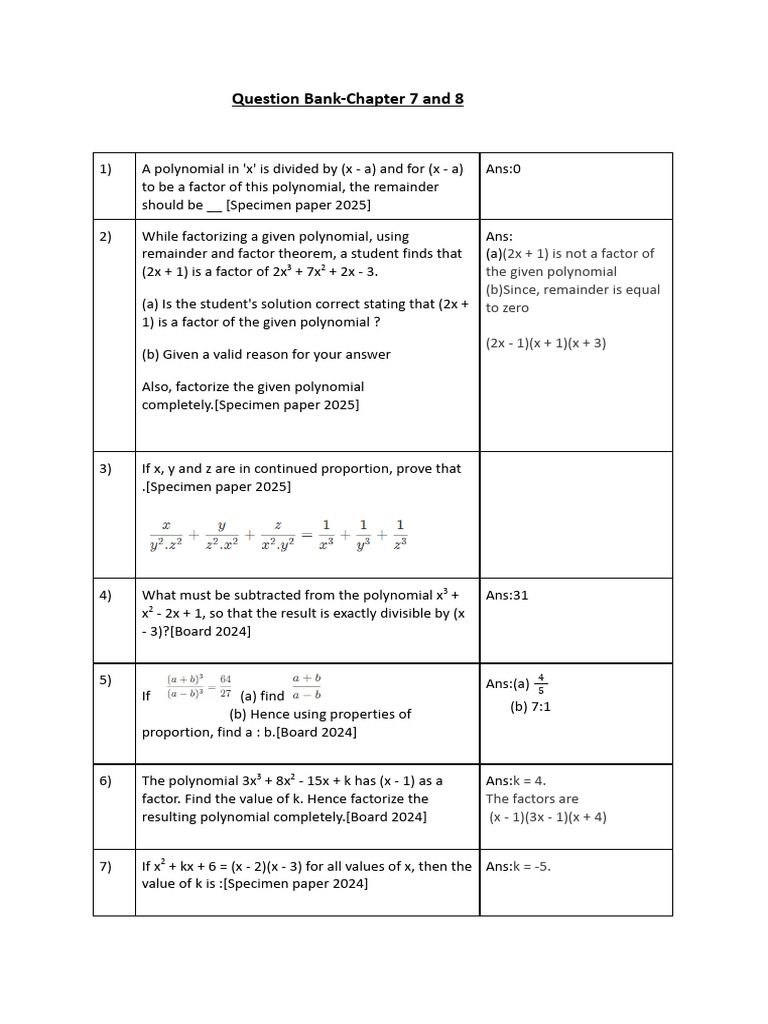 Question Bank-Chapter 7 and 8 | PDF | Factorization | Polynomial