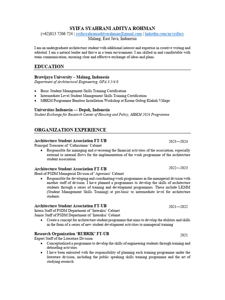 CV - Syifa Syahrani Aditya Rohman | PDF