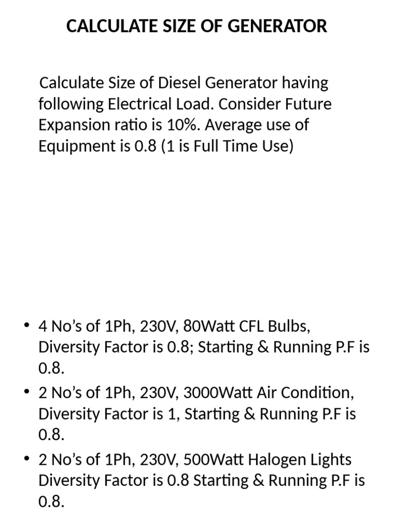 Calculate Size of Generator Sizing | PDF | Watt | Machines