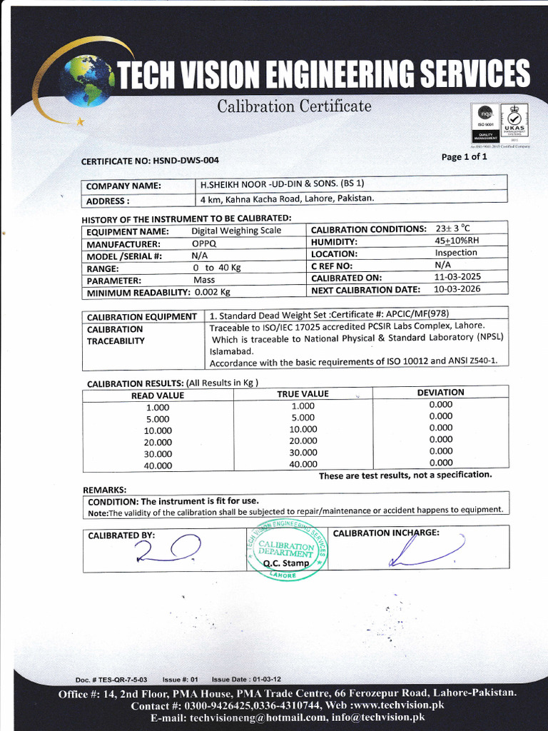 CC-Weighing Scale 40 Kgs | PDF | Calibration | Accuracy And Precision