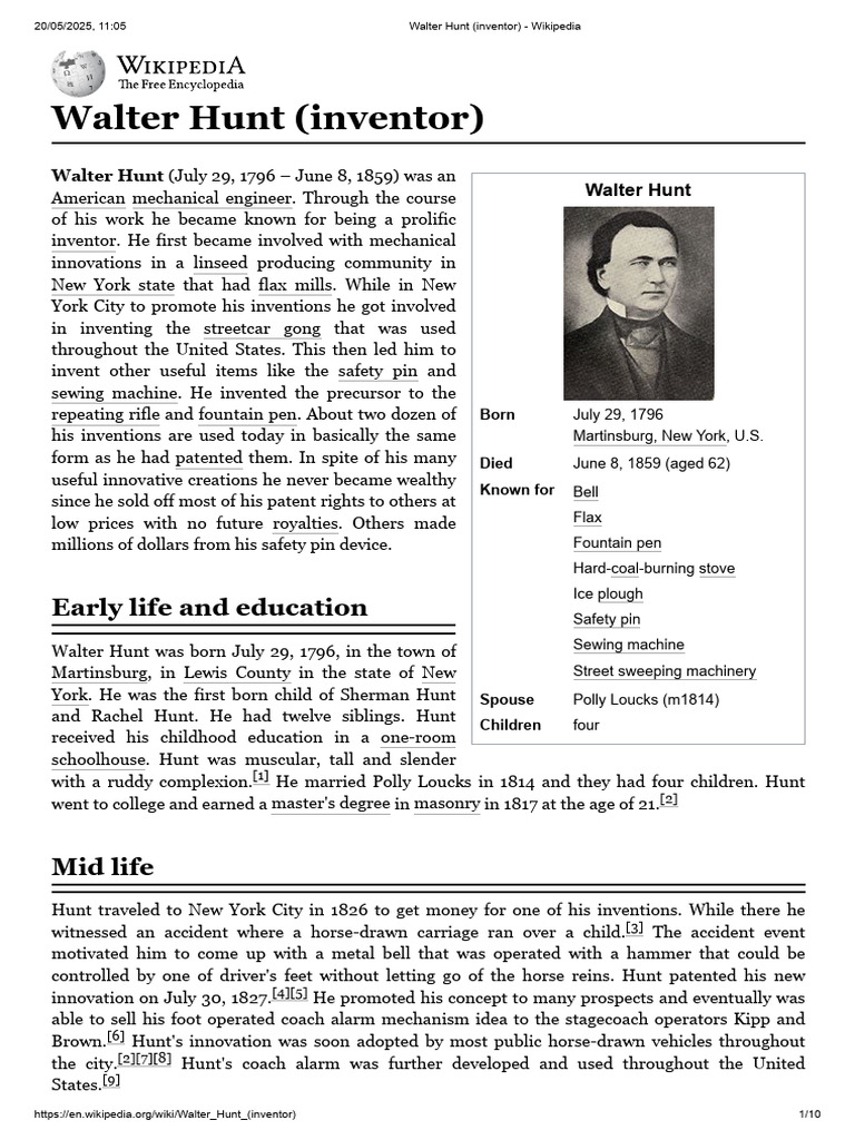 Walter Hunt: Prolific 19th Century Inventor | PDF