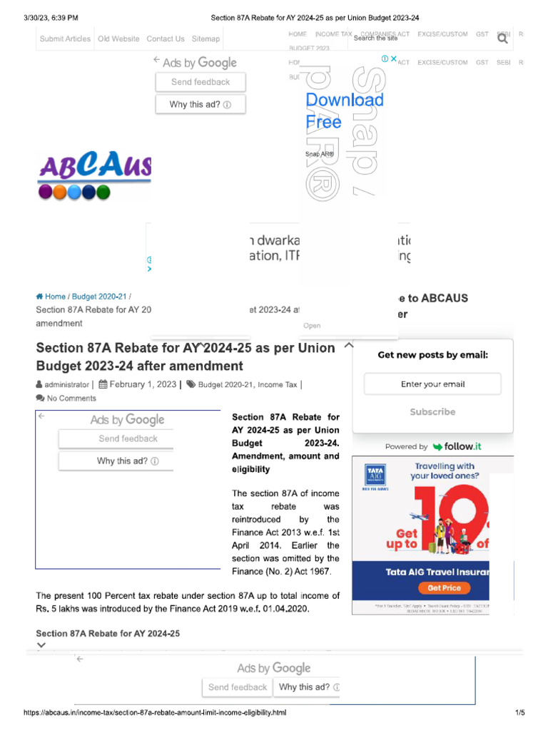 Section 87A Rebate For AY 2024-25 As Per Union Budget 2023-24 | PDF