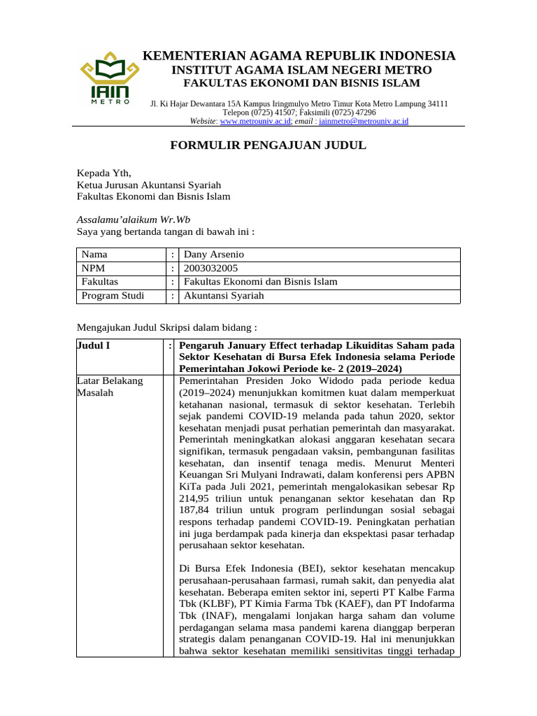 Pengajuan Judul Proposal Penelitian-Dany Arsenio | PDF