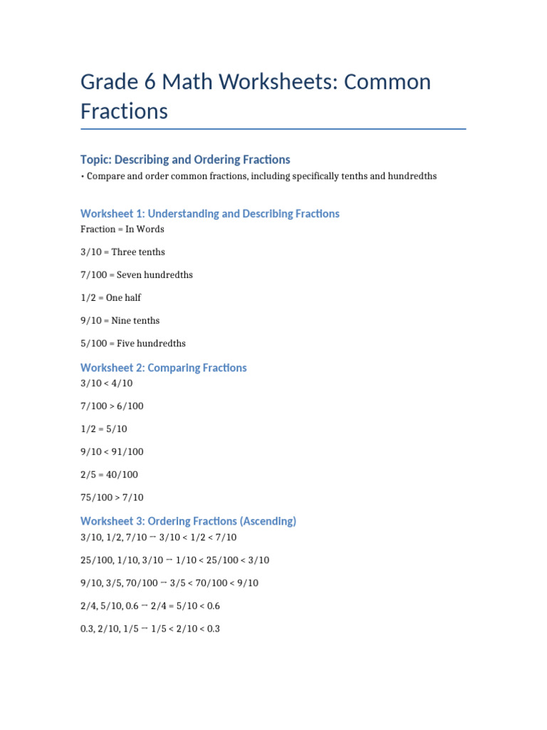 Grade 6 Common Fractions Worksheets With Answers | PDF