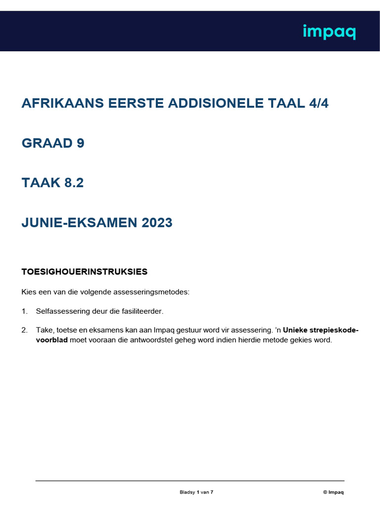 Afrikaans Eerste Addisionele Taal 4/4 Graad 9 TAAK 8.2 Junie-Eksamen 2023 | PDF