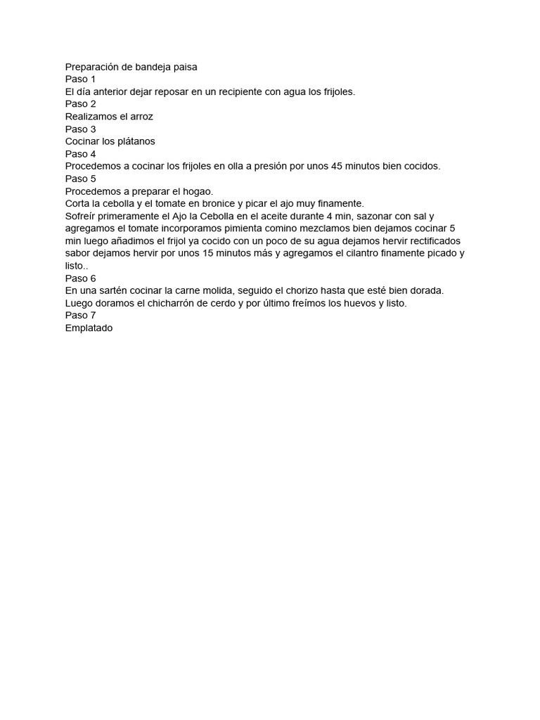 Preparación de Bandeja Paisa | PDF