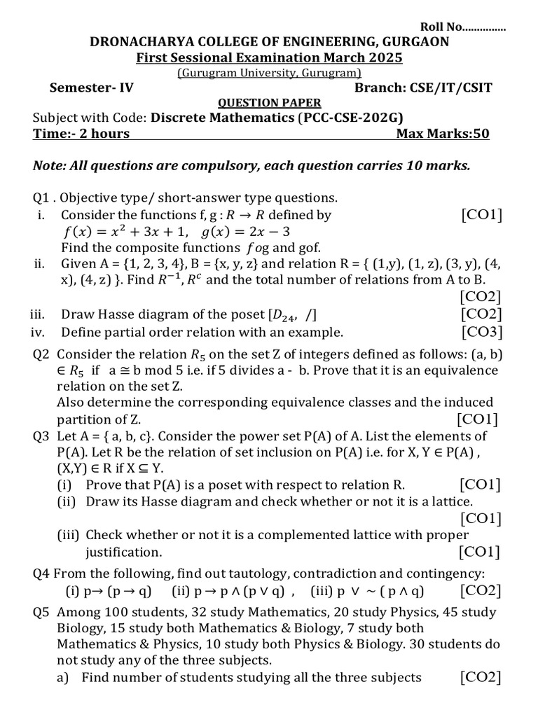 Discrete Mathematics (PCC-CSE-202G) First[94] | PDF | Mathematics | Mathematical Concepts