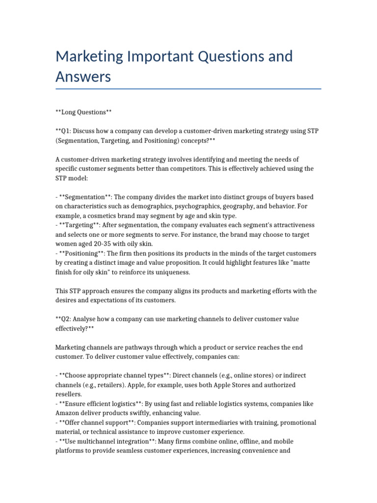 Marketing Important Questions | PDF | Marketing | Brand