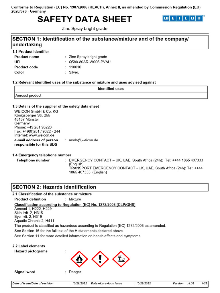 SDS 110010 DE EN Zinc+Spray+bright+grade | PDF | Safety | Occupational ...