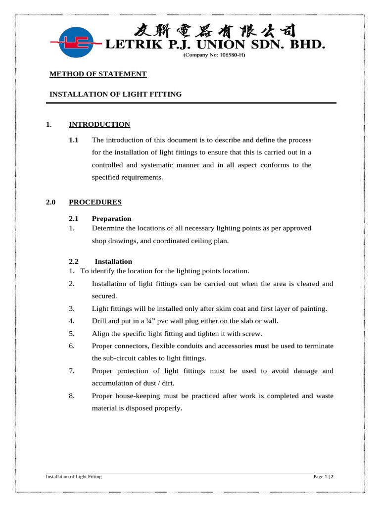 Electrical - Light Fitting Installation | PDF