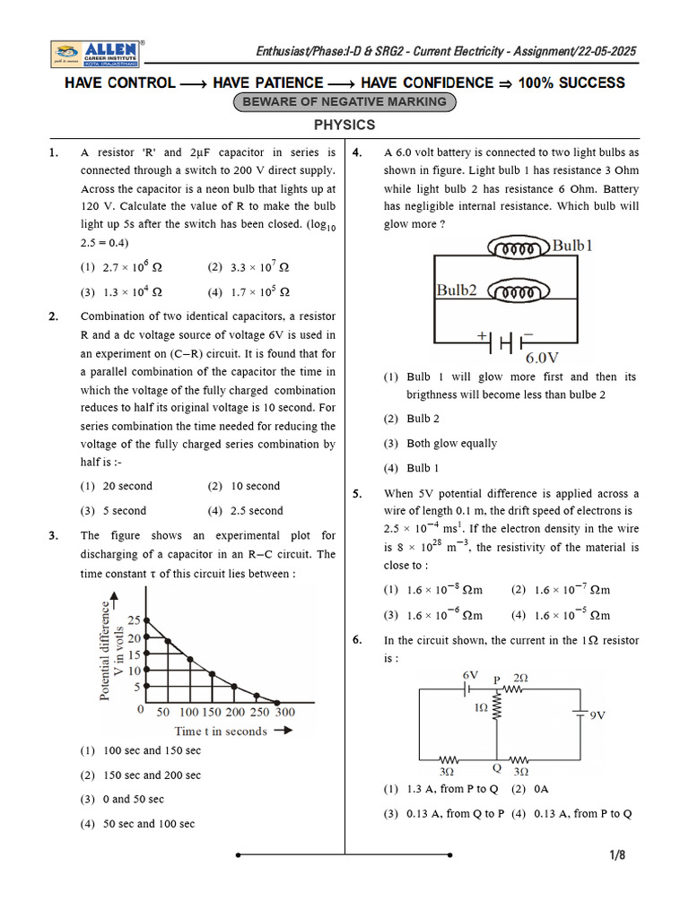 Current Electricity_Assignment | PDF | Series And Parallel Circuits ...
