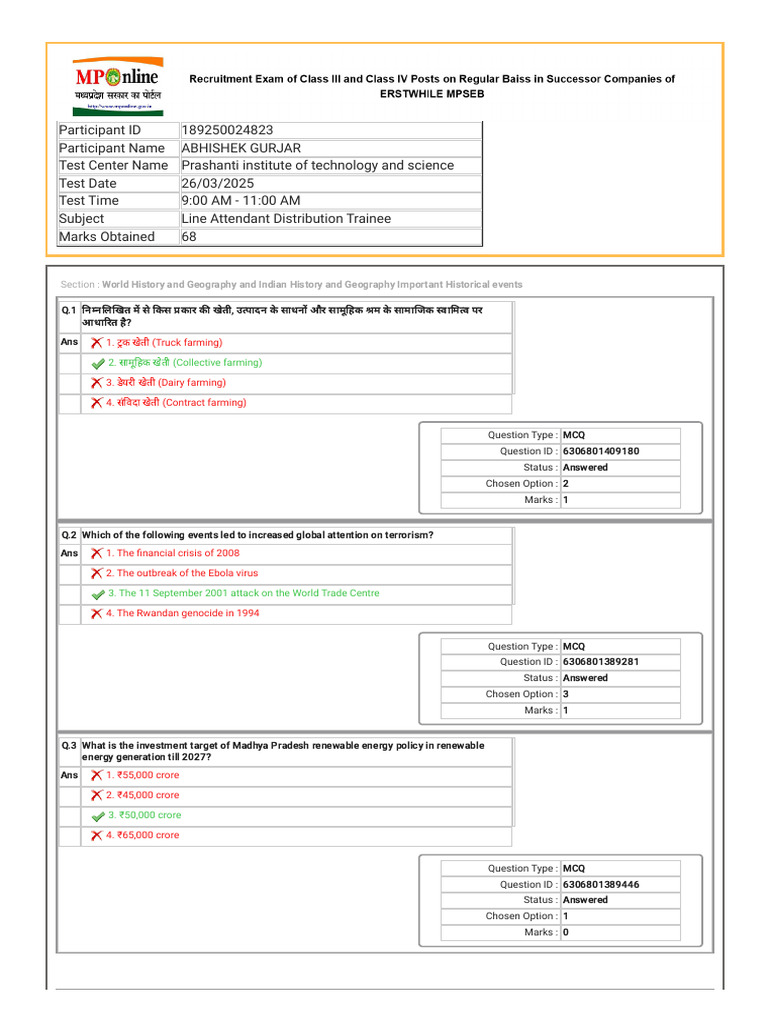 MP Lineman Ans Sheet | PDF