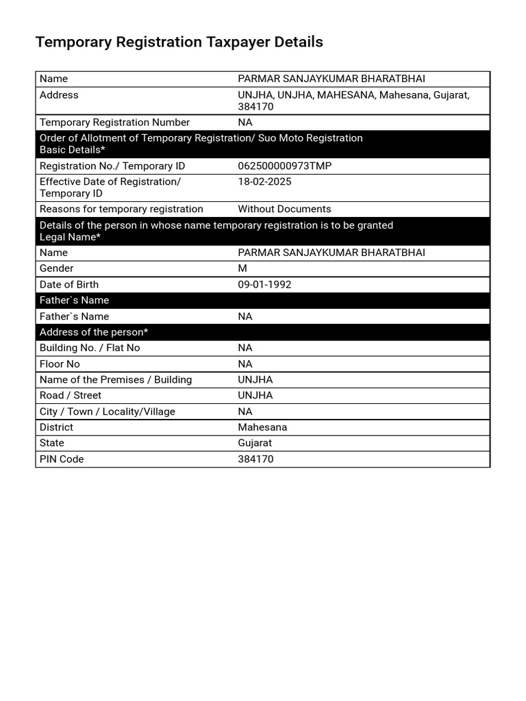 Temporary Registration Taxpayer Details | PDF