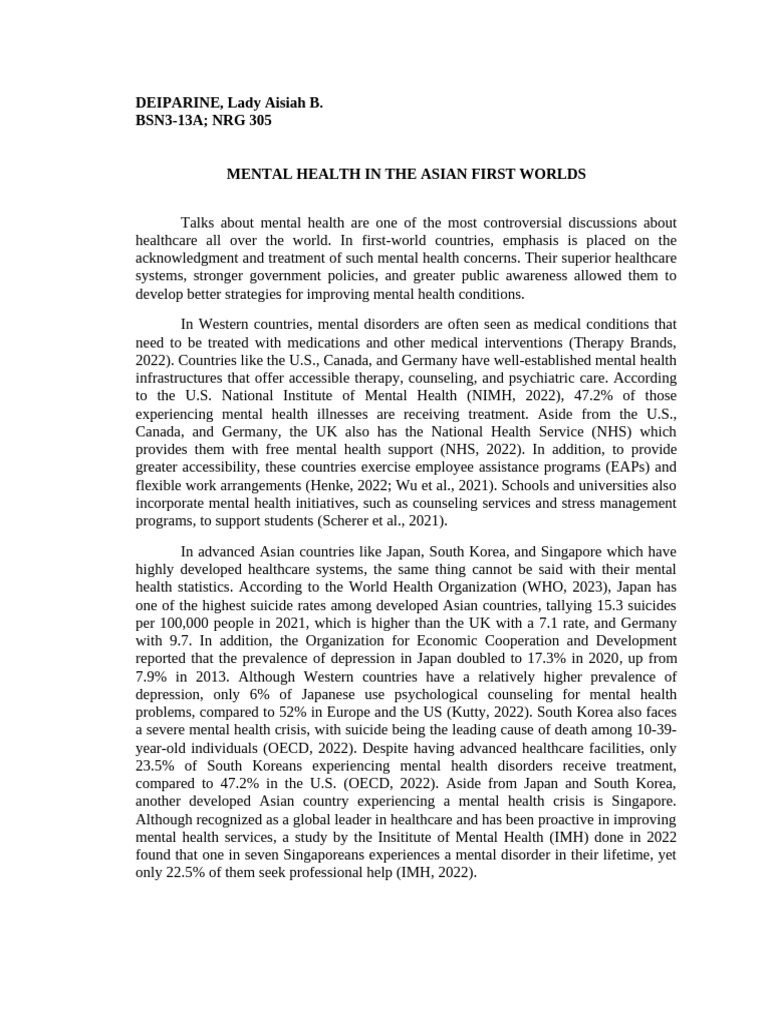 DEIPARINE - Mental Health in The Asian First Worlds | PDF | Mental Health | Mental Disorder