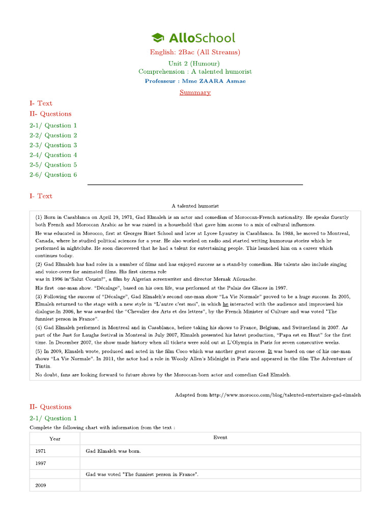 Comprehension 2 a Talented Humorist 11 | PDF