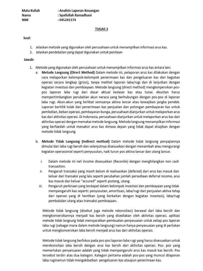 Tugas 3 Analisis Laporan Keuangan - Syaifullah Ramadhani - 045241174 | PDF