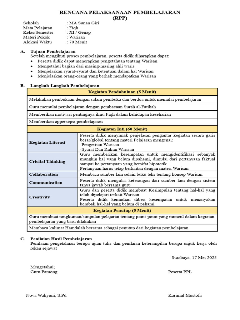 RPP PPL Mujib & Karim | PDF