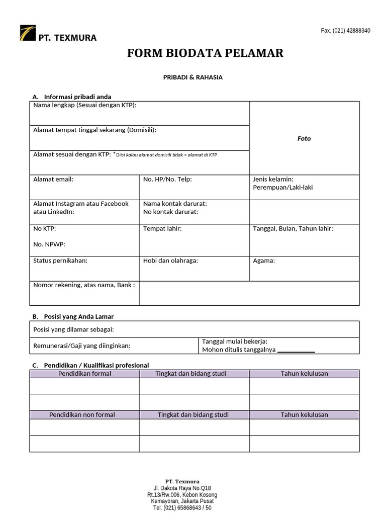 Form Biodata Pelamar PT. Texmura Nusantara | PDF