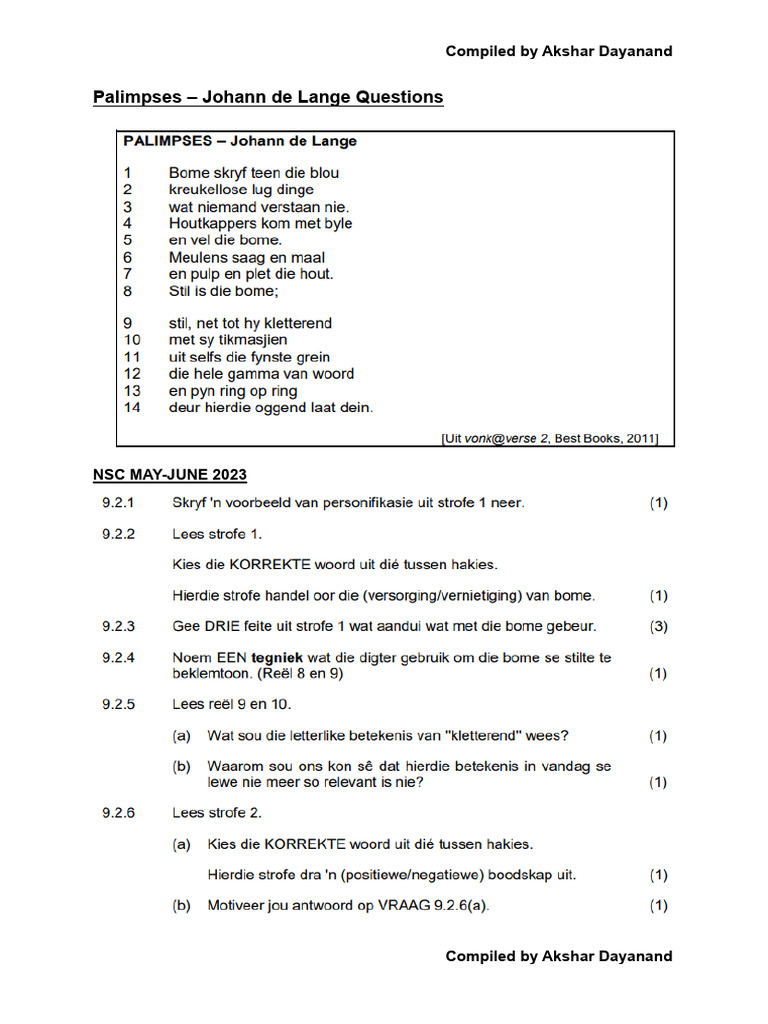 Palimpses - Johann de Lange Questions | PDF