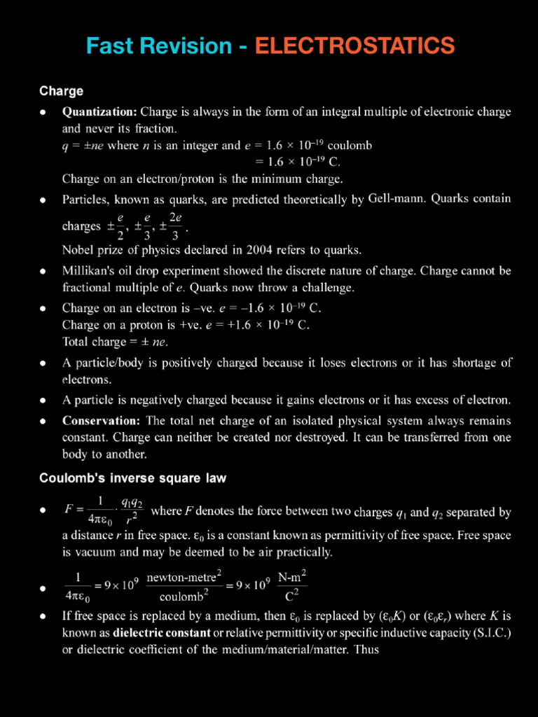 Fast Revision Kit - Electrostatics | PDF