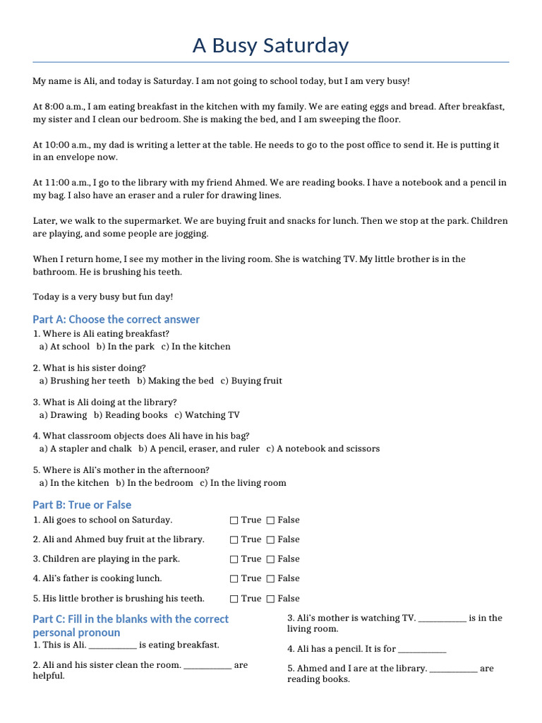 A Busy Saturday Reading Comprehension | PDF