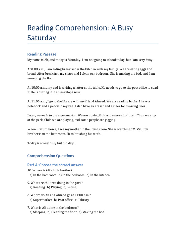 A Busy Saturday Reading Comprehension Updated | PDF