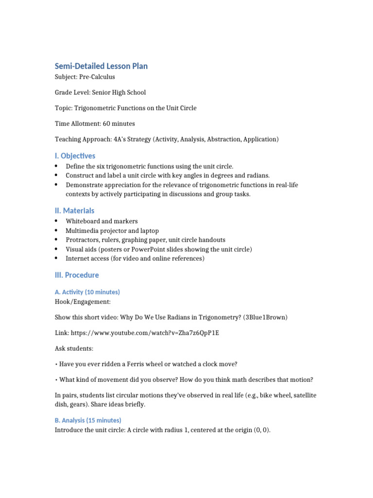 Unit Circle Trigonometry Lesson Plan | PDF | Trigonometry ...