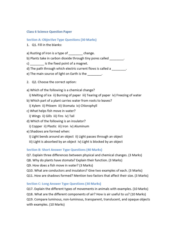 Class 6 Science Question Paper PDF | PDF