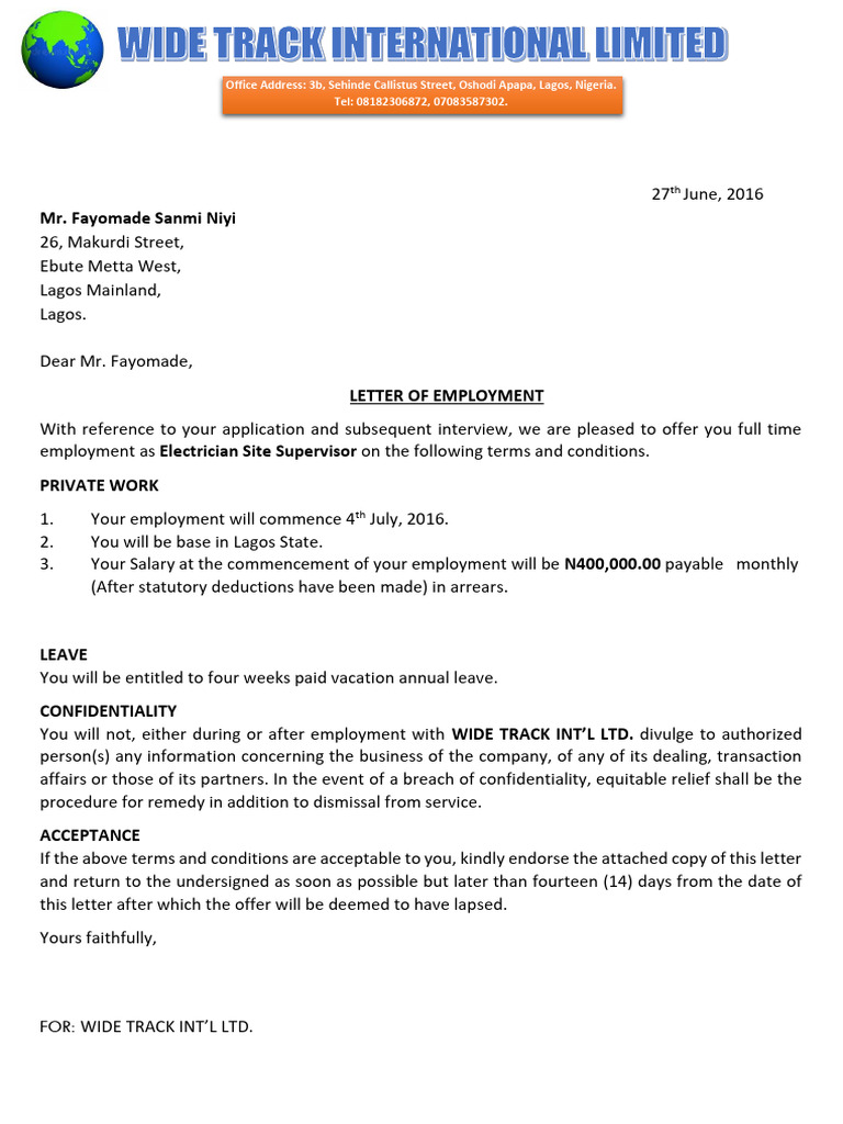 EMPLOYMENT LETTER | PDF