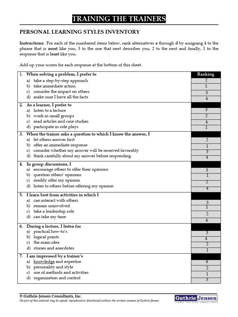 Personal Learning Style Inventory Handout | PDF | Learning Styles ...