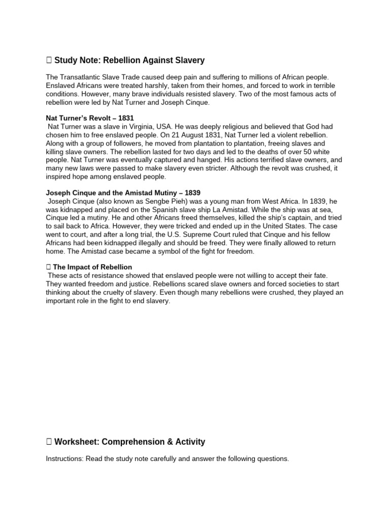 ? Study Note - Rebellion Against Slavery | PDF | Slavery | Human Rights ...