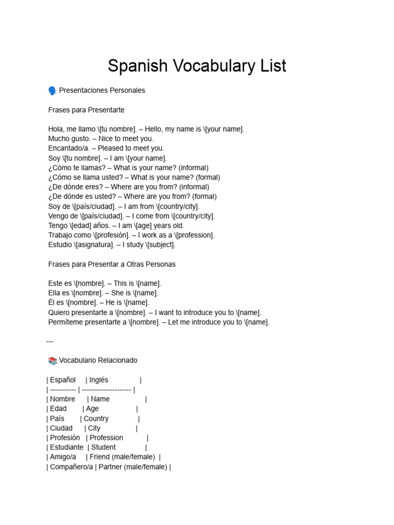A1 Spanish Vocab | PDF