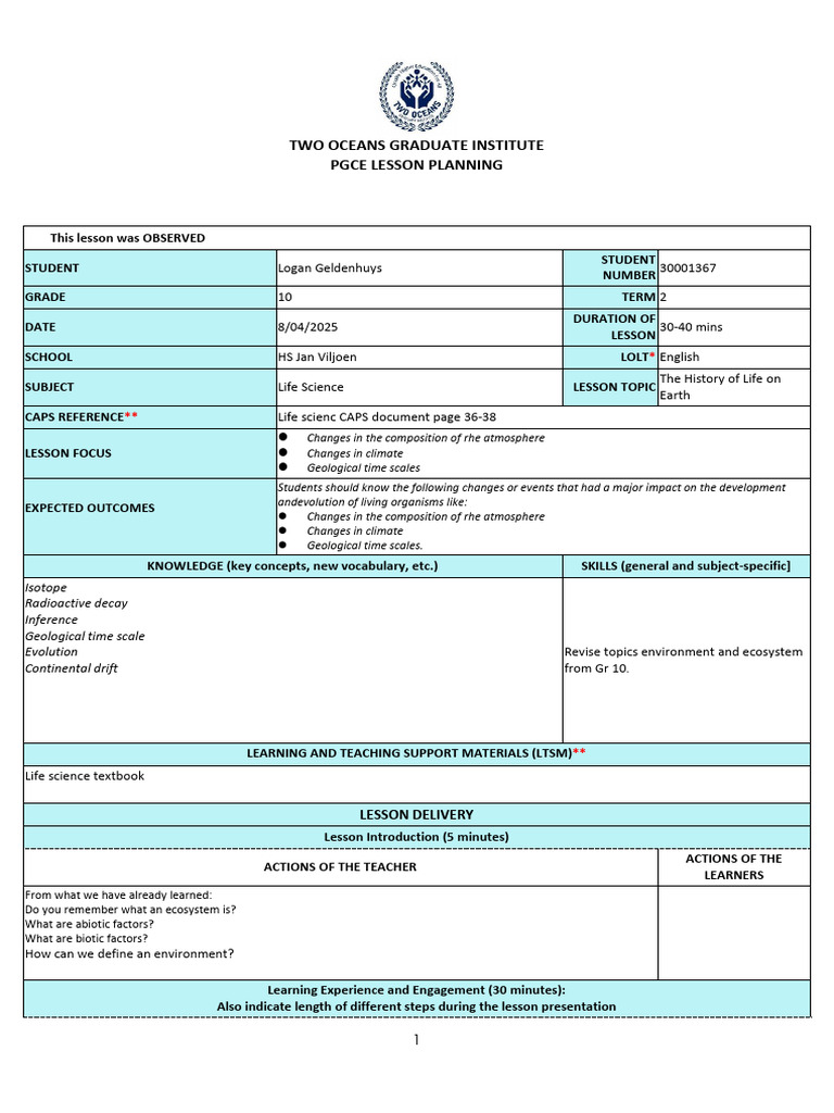 Life Science Lesson Plan 1 | PDF | Earth | Oxygen