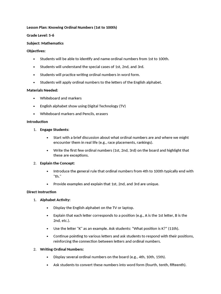 Lesson Plan Act 3.1 Ordinal Numbers | PDF | English Language | Lesson Plan