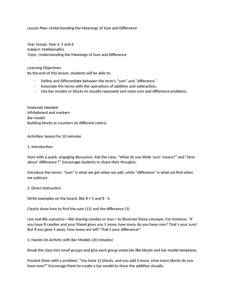 Lesson Plan - Sum and Difference | PDF | Lesson Plan | Cognitive Psychology