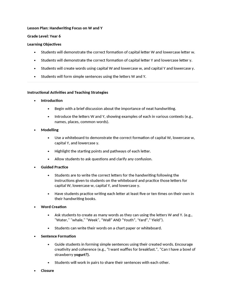 Lesson Plan W and y | PDF