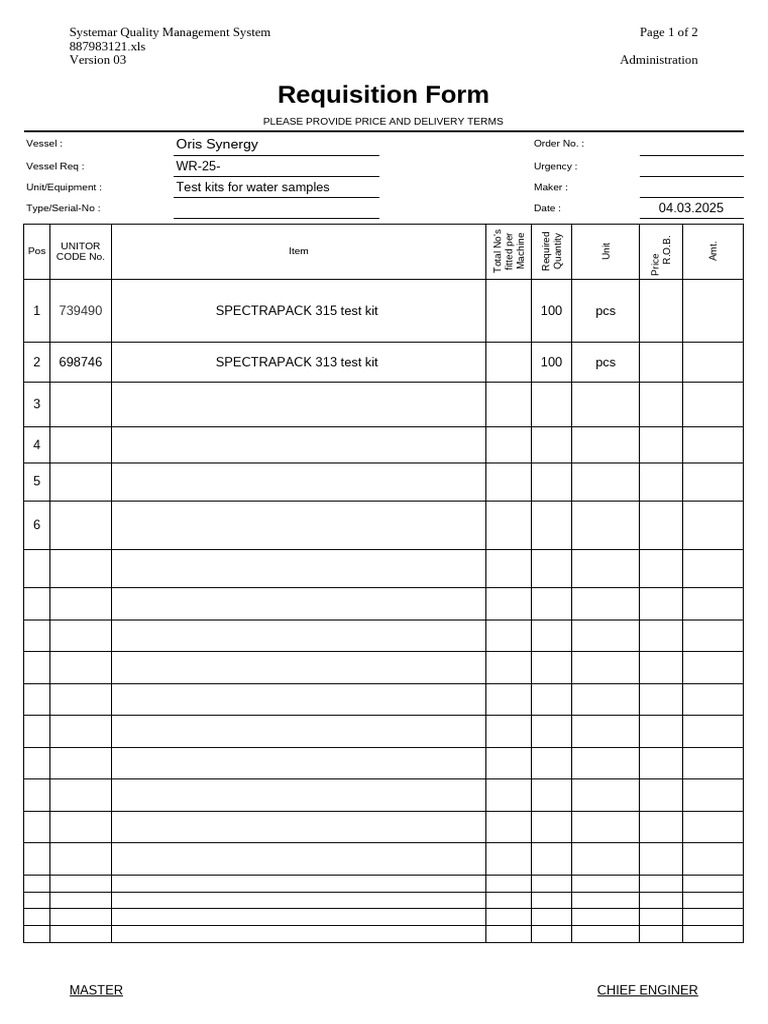 Vessel Test Kit Requisition Form | PDF