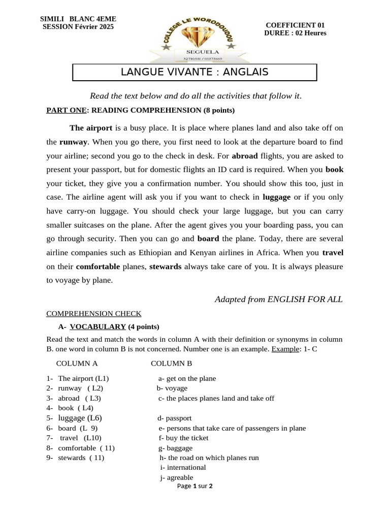 Simili Examen Anglais 4ème Fevrier 2025 Woro | PDF | Baggage